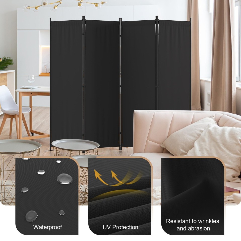 Black 4 Panel Folding Privacy Screen 88" Room Divider Panel For Office ...
