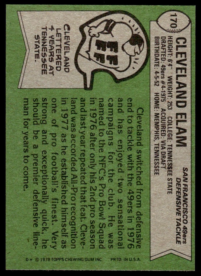 1978 TOPPS CLEVELAND ELAM B SAN FRANCISCO 49ERS #170 | eBay