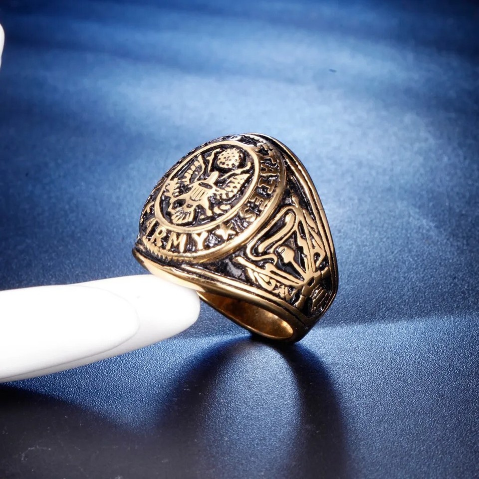 Stainless Steel Gold US Army Ring - Army Seal Biker Ring W/ US Army ...