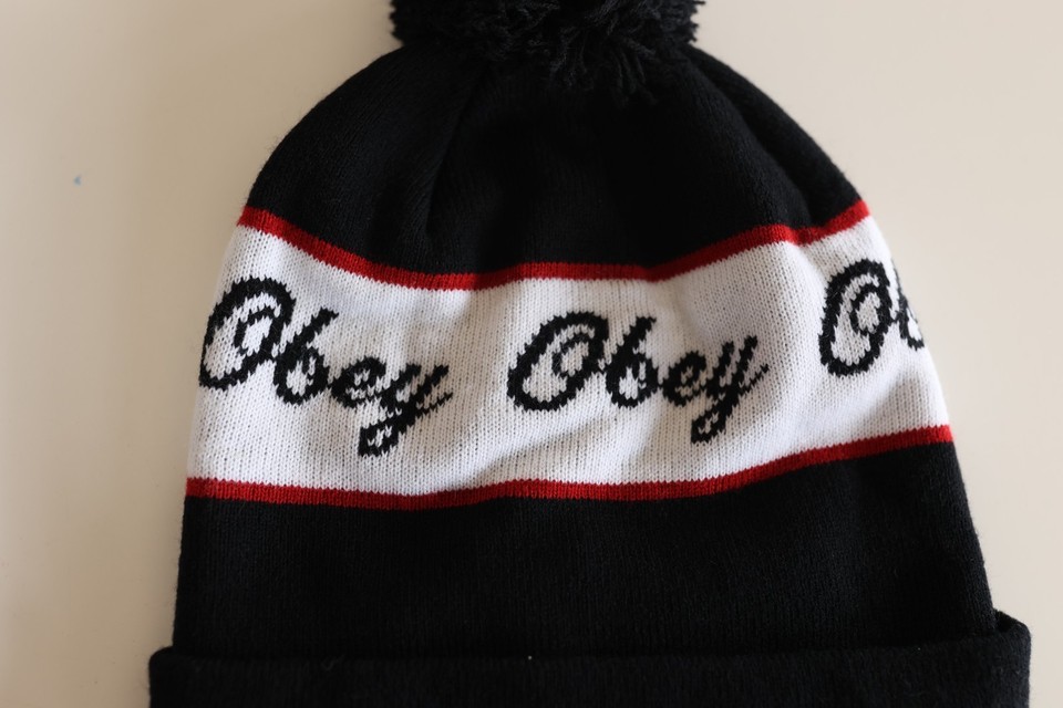 Obey Black White Red Pom Winter Beanie Stocking Cap Obey Spell out Logo ...