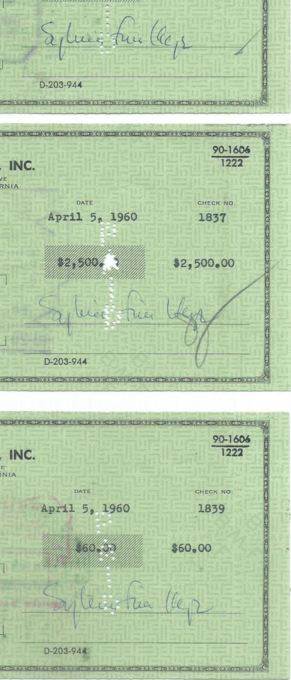 SYLVIA FINE KAYE DENA PICTURES DANNY KAYE LOT OF 3 SIGNED CHECKS d ...