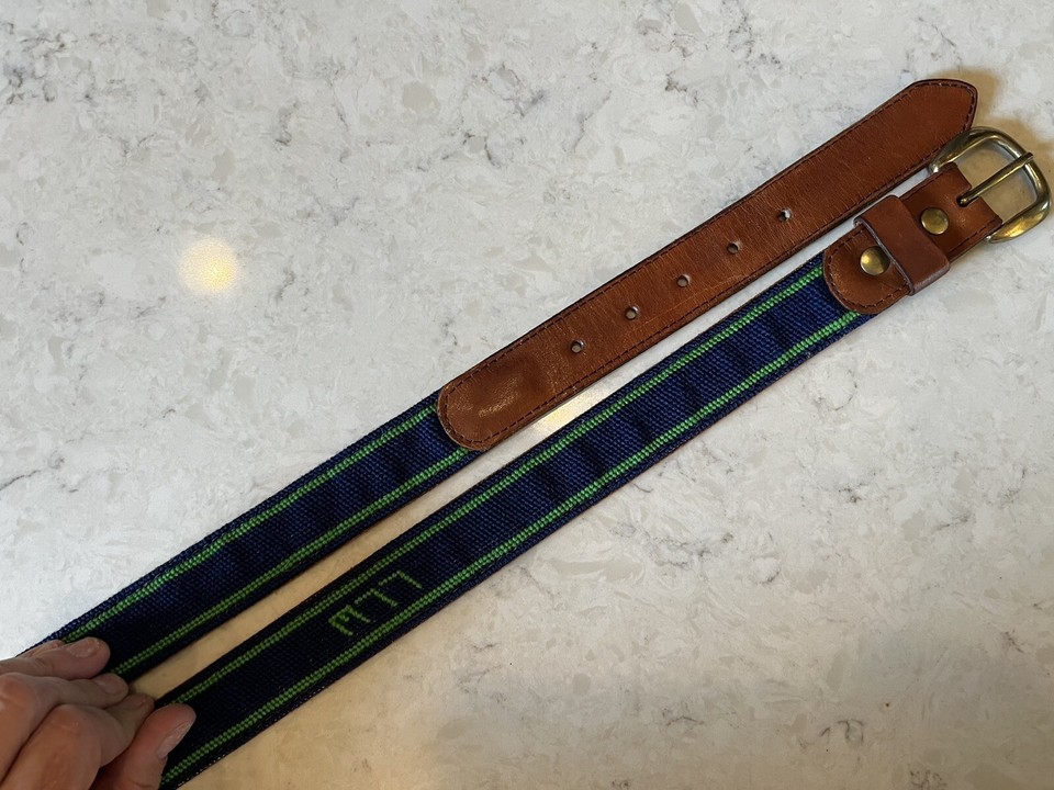 Unisex Needlepoint Wool & Leather Belt Mono Navy Blue Green Striped 32/ ...