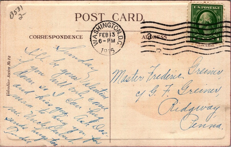 1916 Valentine Postcard "I Wish I Had A Girl" Sad Boy - Posted Message ...