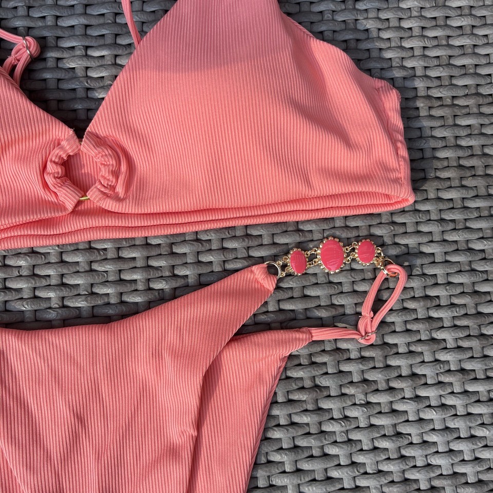 SHEIN Swim peachy pink Brazilian chain Triangle Bikini Swimsuit set ...