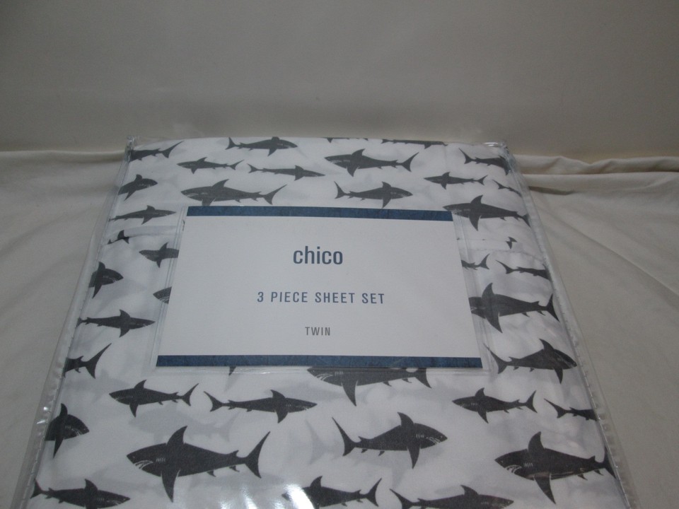 New Chico 3 Piece Twin Sheet Set Grey Gray SHARKS ~ Grey on White NIP ...