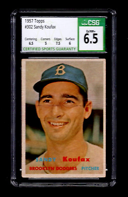 SANDY KOUFAX 1957 TOPPS BASEBALL CARD #302 CSG 6.5 EXCELLENT TO NEAR ...