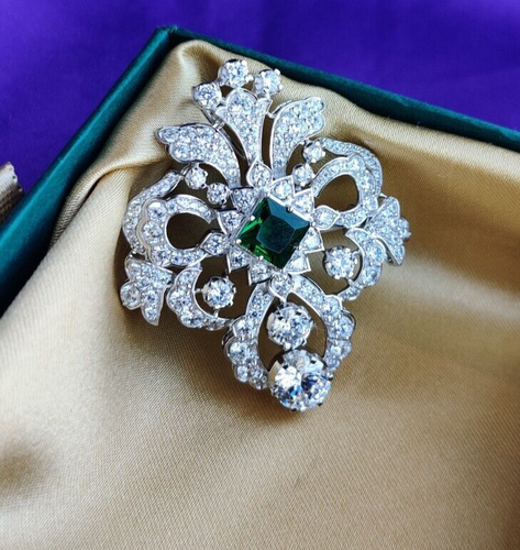 Antique Style Victorian Lab Created Emerald Pendant Brooch 925 Sterling ...
