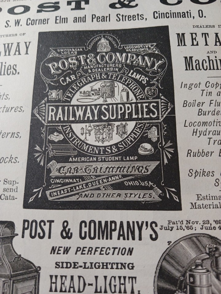 ~1884 Print Ad POST & COMPANY Cincinnati OH Railroad Supplies Head ...