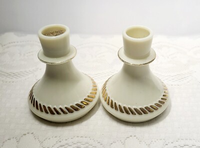 Vtg Pair Custard Glass Wheatonware Candle Holders Gold Trim 1970's | eBay
