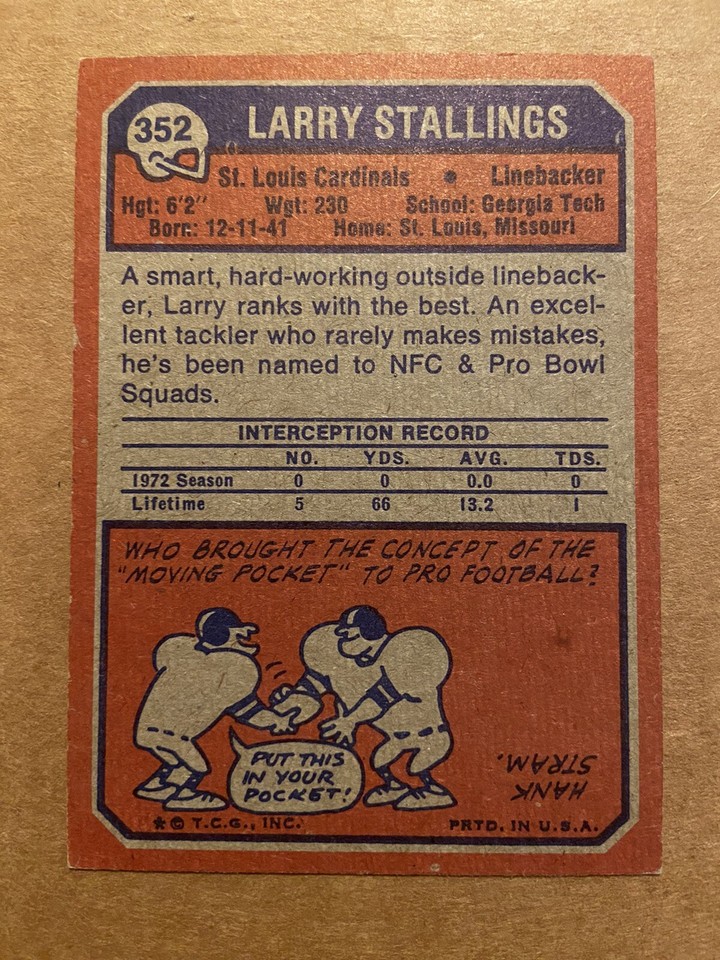 LARRY STALLINGS Signed 1973 Topps #352 Cardinals Georgia Tech Autograph ...