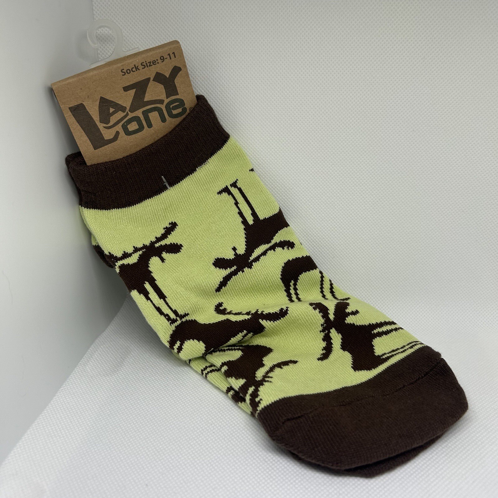 1 Pair of Lazy One Ankle Socks Green w/ Brown Moose Print Sock Size 9 ...