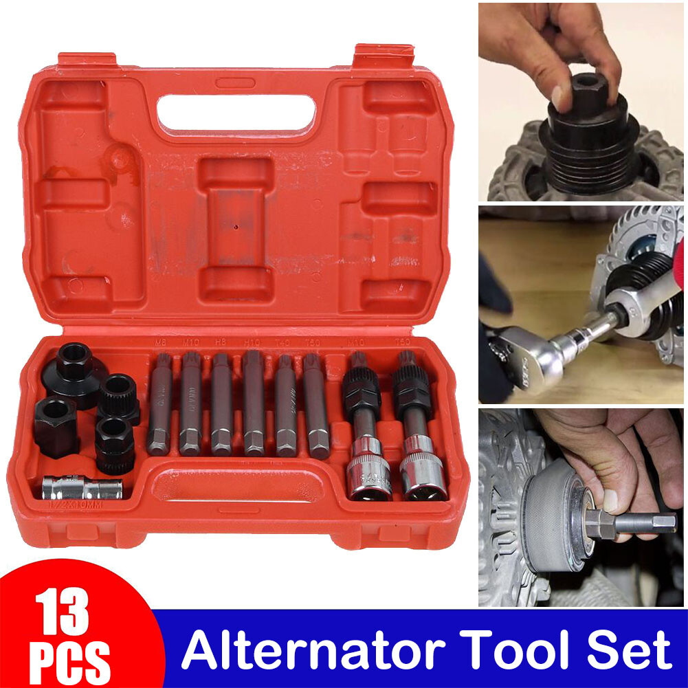 13pc Alternator Tool Set Kit Freewheel Pulley Repair Removal Socket Kit ...