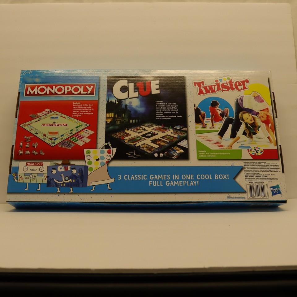 Hasbro MONOPOLY/Clue/Twister Triple Play Pack of 3 Family Board Games ...