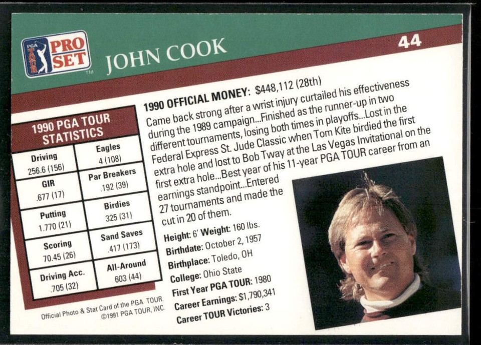 John Cook 1991 Pro Set Golf #44 Signed Autographed Card | eBay