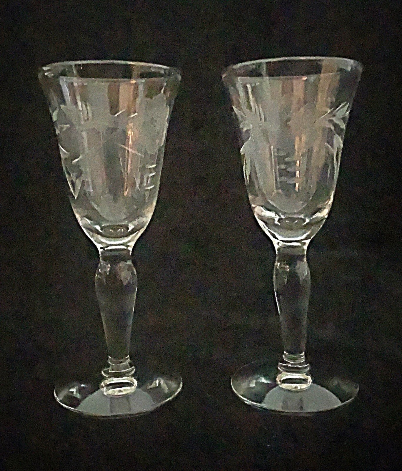 A Pair of Etched Stemmed Glasses with a Flower Design | eBay