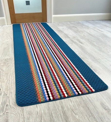 Multi-Stripe Non-Slip Runner Rug Blue Colourful Stripes, Washable ...