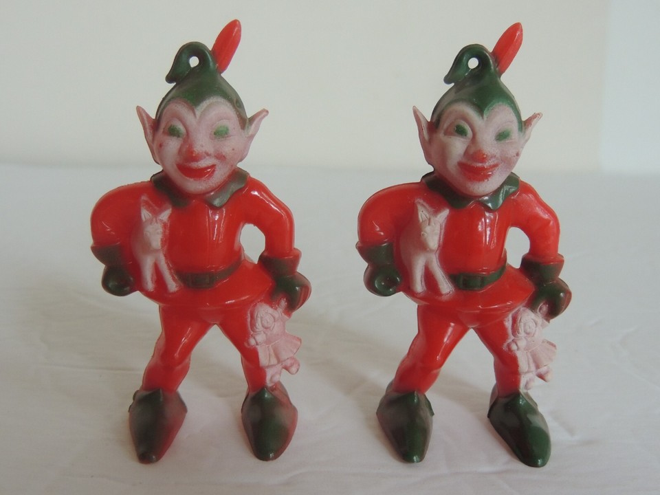 3 Vintage Hard Plastic elves elf pixie Christmas Tree Ornament ...