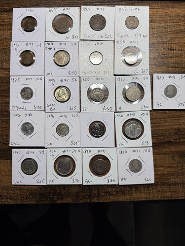 Lot of 21 U.S. Type Coins, High Grade, Flying Indian Barber, Bust Dime ...