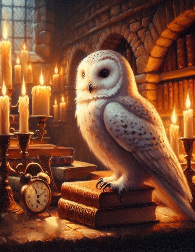 Hedwig Harry Potter White Snowy Owl Library books Candles Vintage art ...