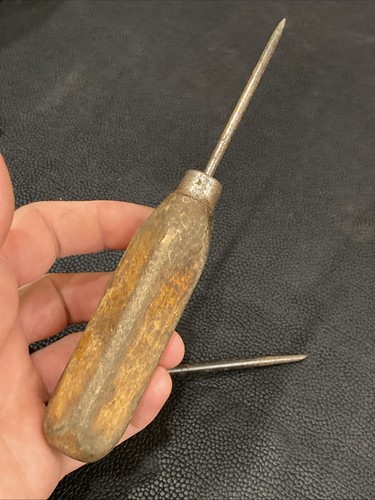 2 antique vtg USA wood handle awls workbench tools ice pick Leather ...