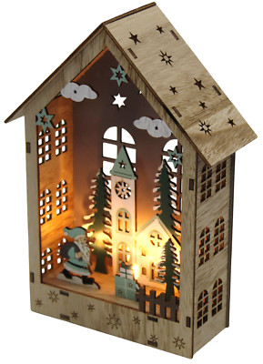 17cm Wooden Light Up Christmas Village Scene with LED Lights for Xmas ...