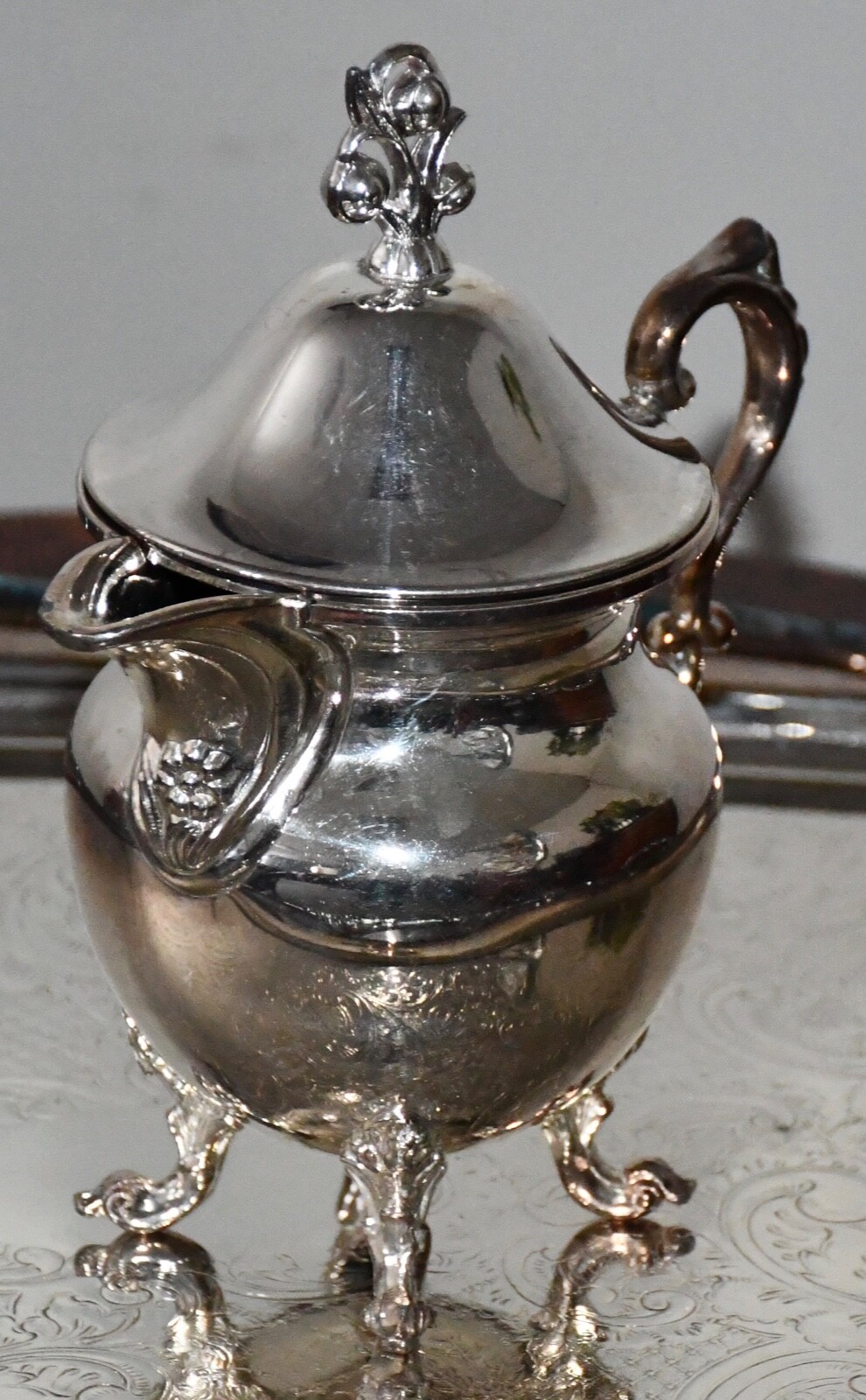 Silver on copper 7 pcs tilted tea pot coffee pot creamer & sugar bowl ...