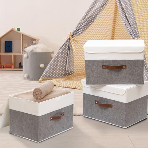 Foldable Storage Boxes with Lids,Large Linen Fabric Small(1-Pack) White ...