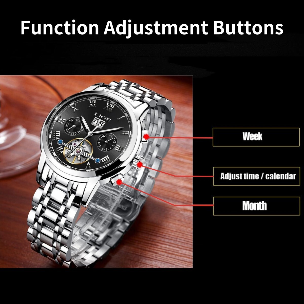 Luxury Men Watch Automatic Mechanical Date Week Month Luminous Dial ...