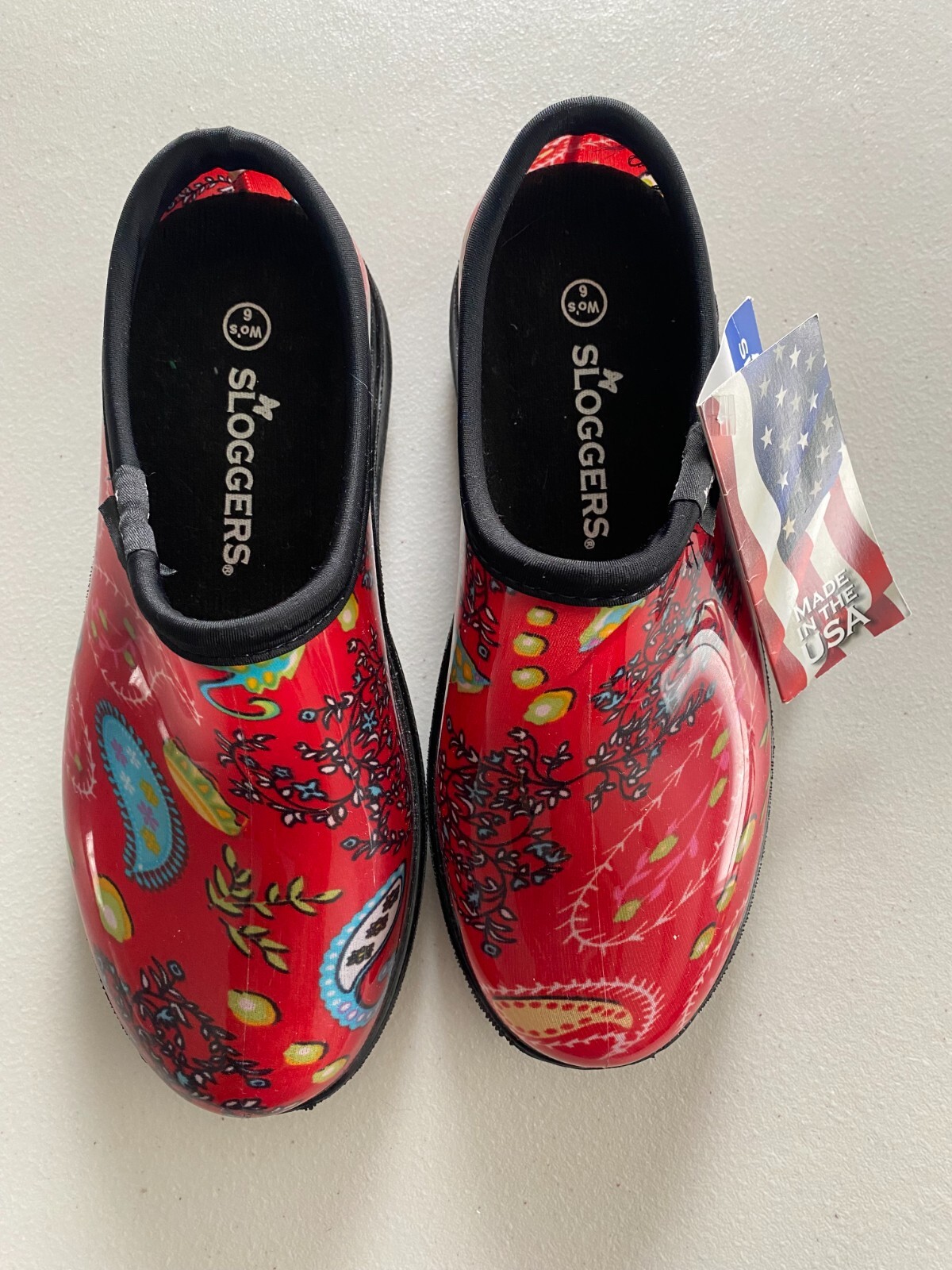 Sloggers Waterproof Slip On Clogs Rain Garden Shoes Red Paisley Womens ...