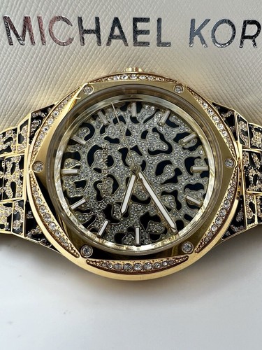 Michael KORS Lennox Animal Leopard Pavé Gold-Tone 43mm Case Watch ...