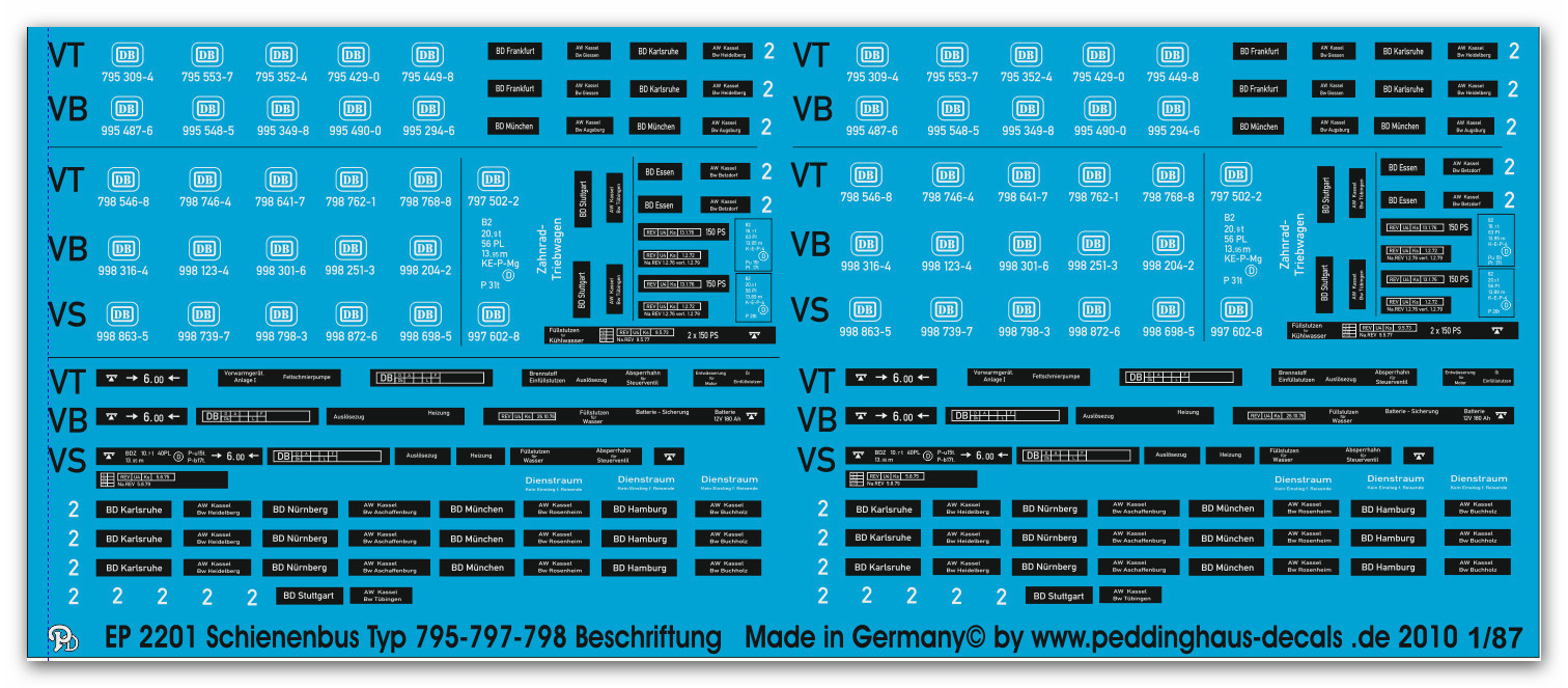 Peddinghaus 1/87 (HO) DB Class 795 / 797 / 798 Passenger Train Markings ...