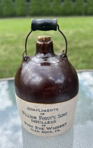 MINIATURE STONEWARE WILLIAM FOUST SONS RYE WHISKEY BAIL HANDLE JUG GLEN ...