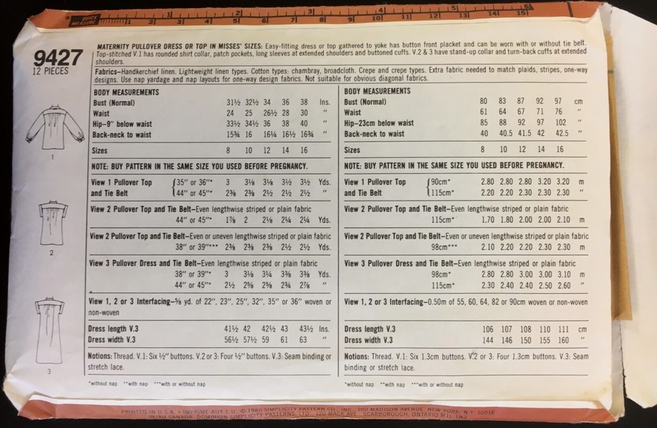 PC Sz 12 B 34 Maternity Pullover Dress Top Smock Simplicity 9427 Sewing ...