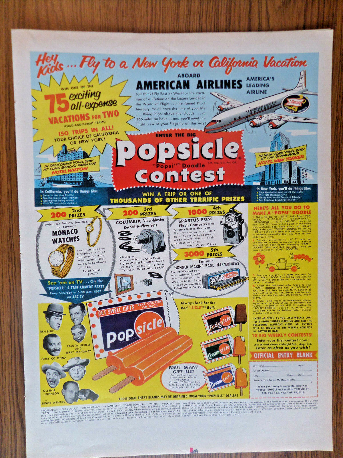 1957 Popsicle Contest Ad Vacations New York California via American ...