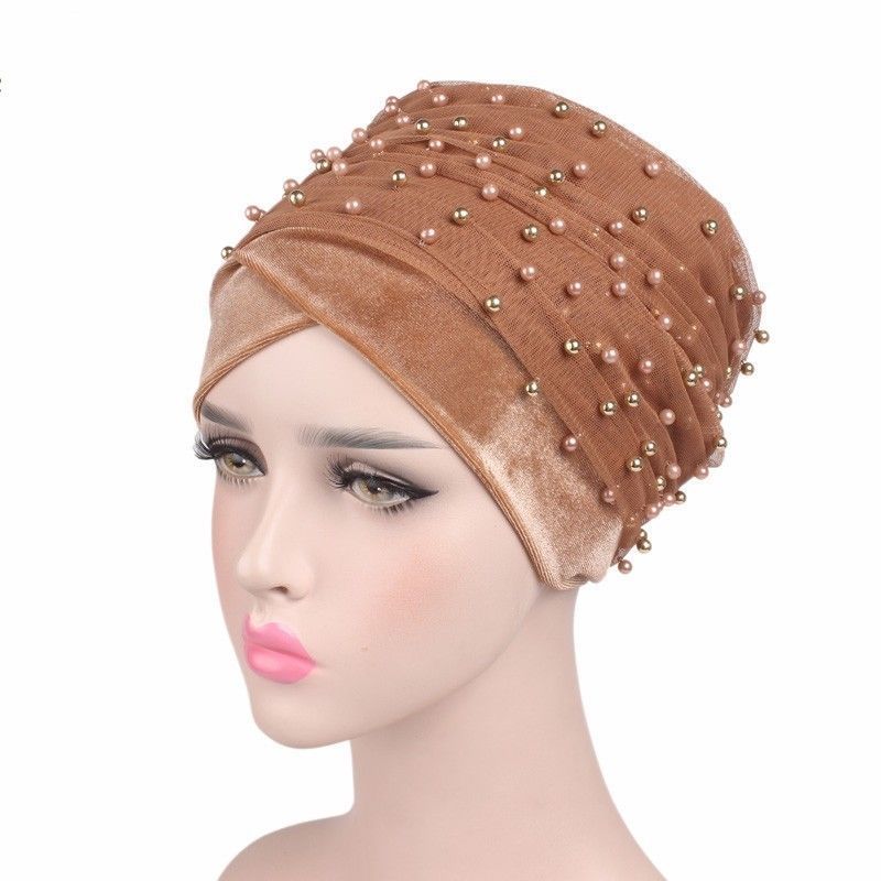 Luxury Women Gold Beaded Mesh Head Wrap Velvet India Turban Hijab Long ...