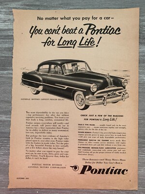 1953 PONTIAC MOTOR DIVISION 8x11" Automotive Print Ad VG 4.0 For Long ...