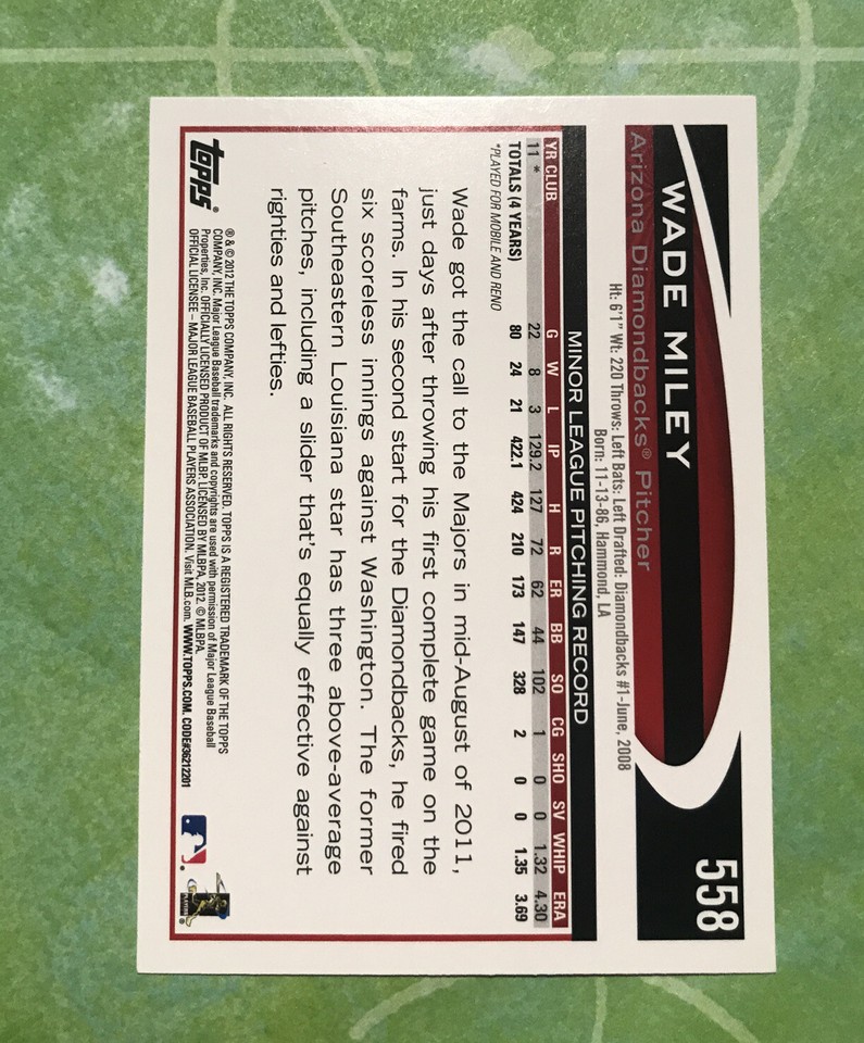 2012 Topps Wade Miley Rookie Card Arizona Diamondbacks #558 RC | eBay
