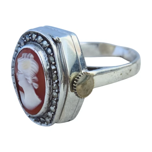 Western Germany Lady Sheffield Ring Watch Cameo Marcasite Silver ...