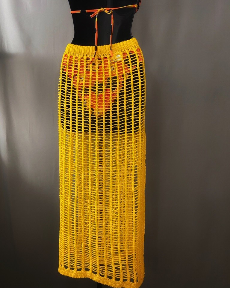 Yellow Cutout Crochet Fishnet Long Maxi Skirt, Bathing Suit Cover Up | eBay