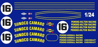 #16 Penske-Hilton Sunoco Camaro 1967 1/25th - 1/24th Scale Waterslide ...