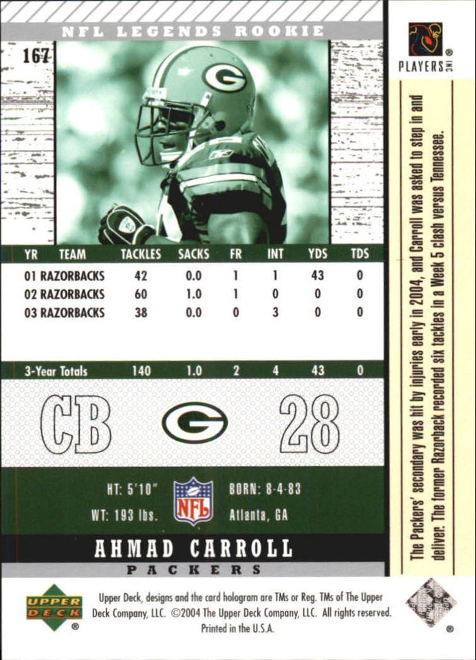 2004 Upper Deck Legends #167 Ahmad Carroll Green Bay Packers Rookie ...