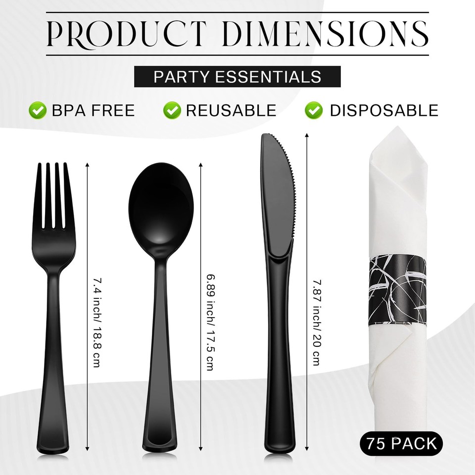 75 Pack Black Pre Rolled Plastic Silverware Set,Plastic Utensils for ...