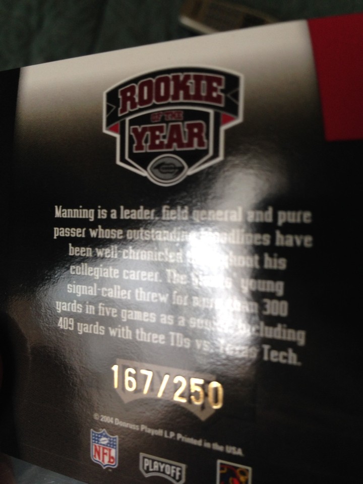 Eli Manning AUTOGRAPHED ON CARD 2004 Playoff ROY #167/250 ROOKIE w/COA ...