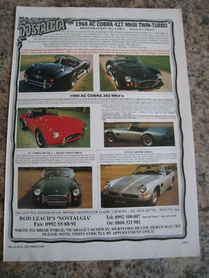 NOSTALGIA 1968 AC COBRA FRUA ROD LEACH CAR LIST1989 ADVERT APPROX A4 ...