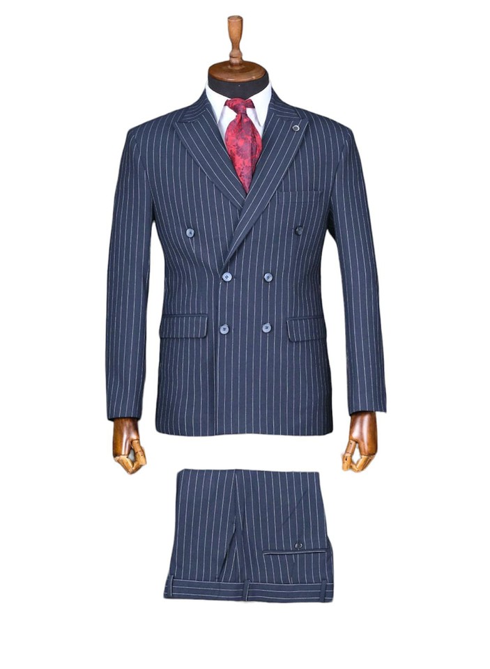 Designer Two Rows of Buttons Double Row Suit Blue Pinstripe Slim Fit 48 ...