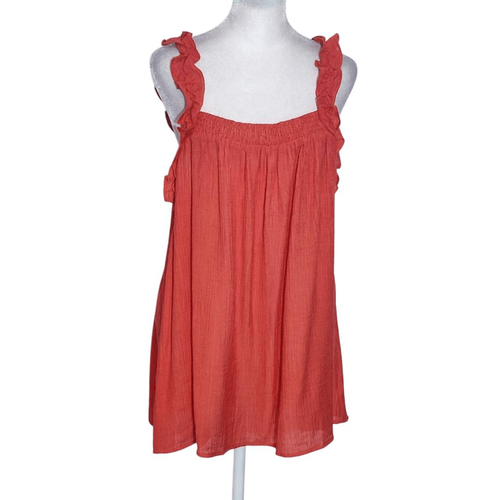 Doe & Rae Tomato Red Sleeveless Crinkle Blouse with Ruffle Accent NWT ...