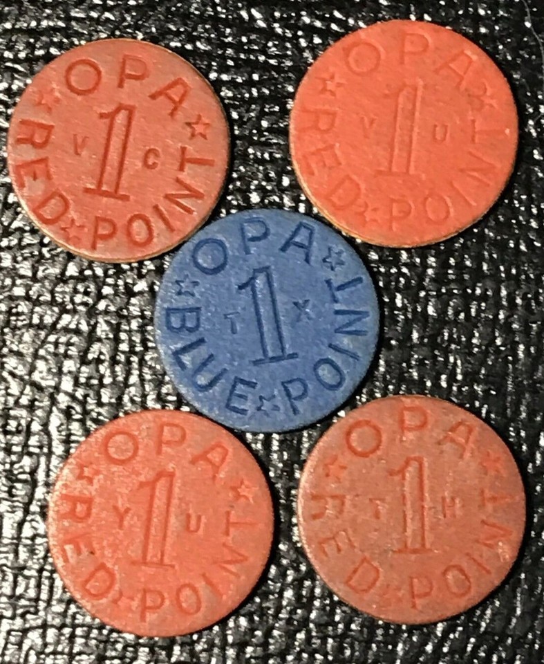 WW II BLUE 1 POINT OPA RATION TOKEN & 4 RED -LETTERS TX OFFICE OF PRICE ...