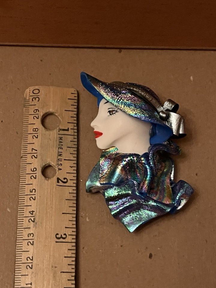Lady Face Brooch Pin Fancy Hat Scarf Iridescent Vintage | eBay
