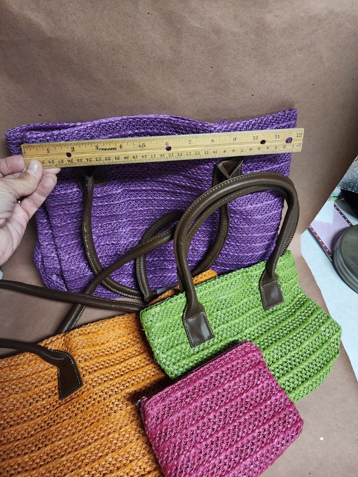 Set of 4 AVON woven BAGS purses Satchel purple orange green pink faux ...