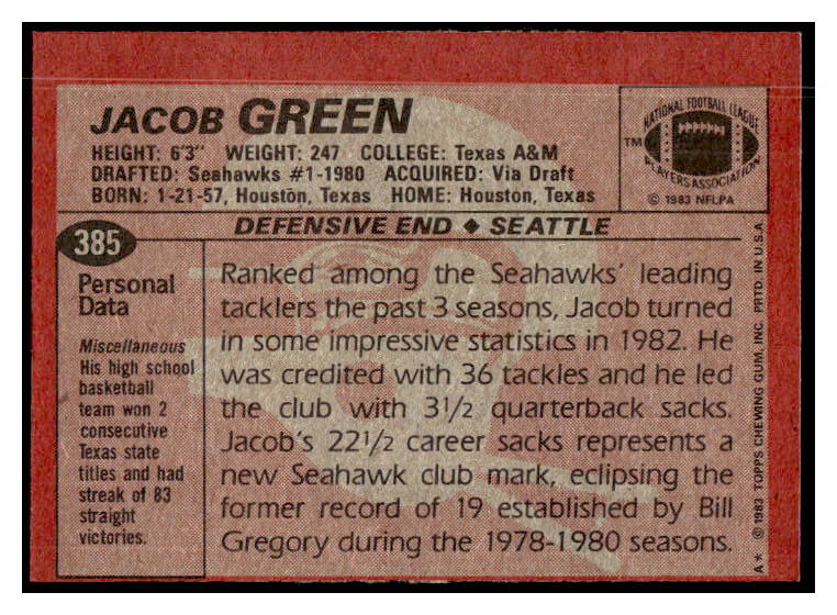 1983 Topps #385 Jacob Green Seattle Seahawks Rookie Excellent | eBay